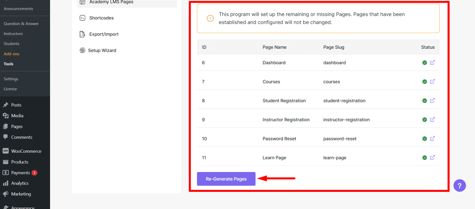 How to re-generate pages? - Academy LMS
