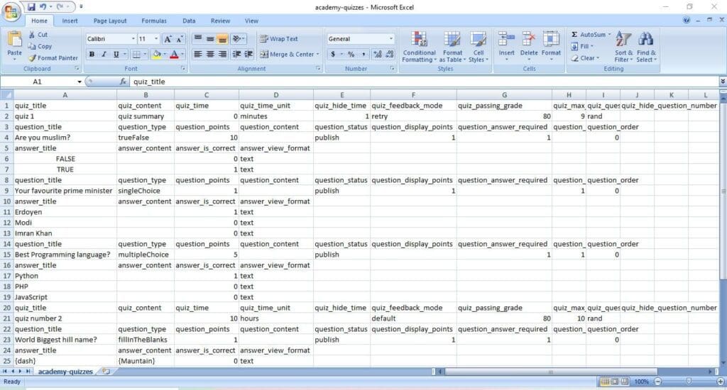 Quiz Export/Import - Academy LMS