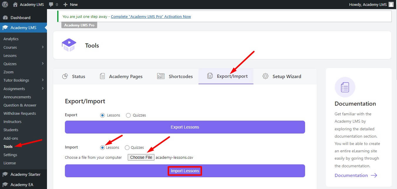 Lesson Export/Import - Academy LMS
