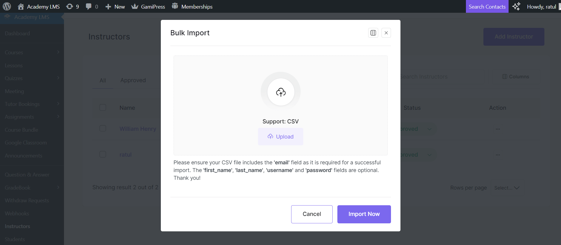 Bulk Instructor Import From CSV File - Academy LMS