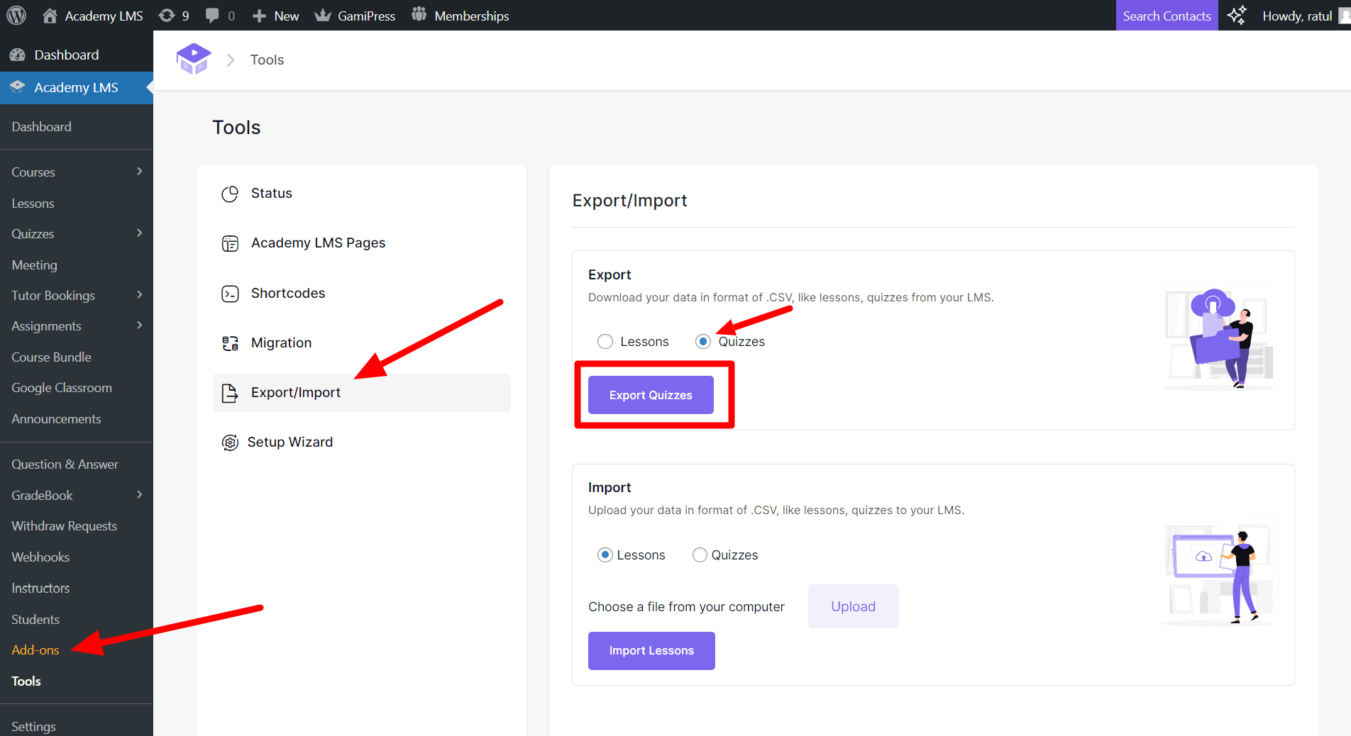 Quiz Export/Import - Academy LMS