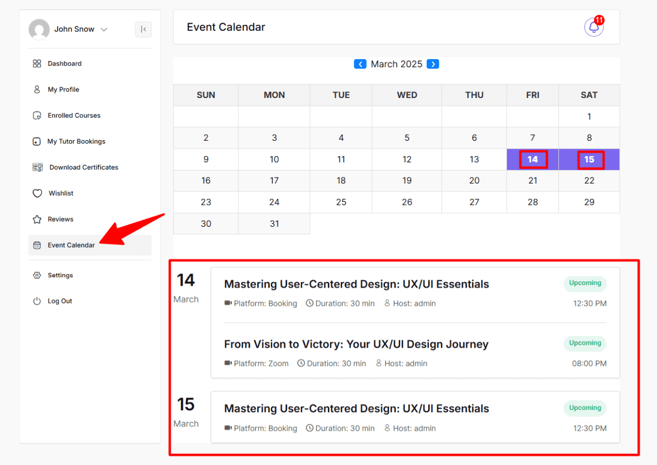 Academy LMS Calendar Addon